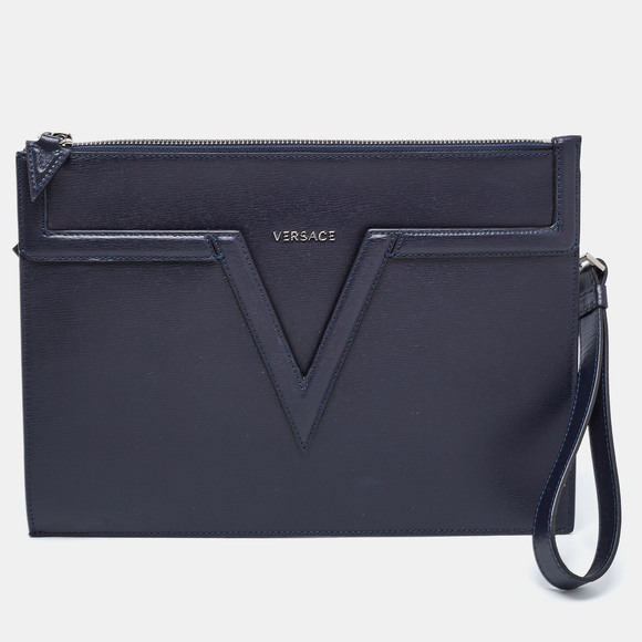 Versace | Bags | Versace Navy Blue Leather V Logo Wristlet Pouch | Poshmark